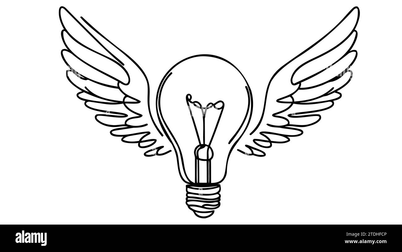 Continuous One line drawing of light bulb with wings. Creative power ...