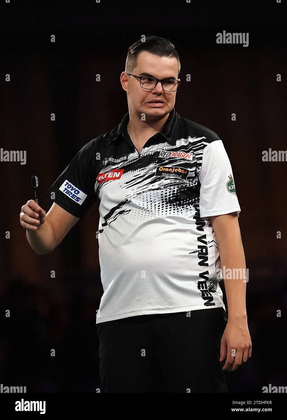 Gian van Veen reacts during his match against Man Lok Leung on day four ...