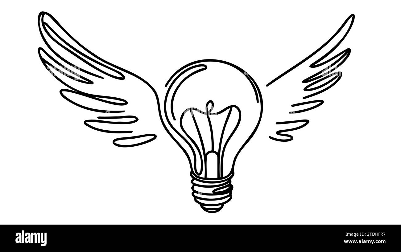 Continuous One line drawing of light bulb with wings. Creative power ...