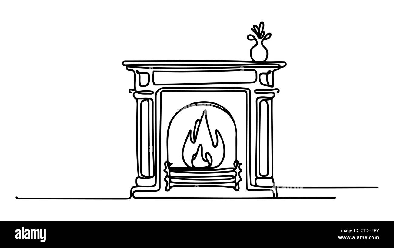 Continuous one line drawing of fireplace Christmas decoration in ...