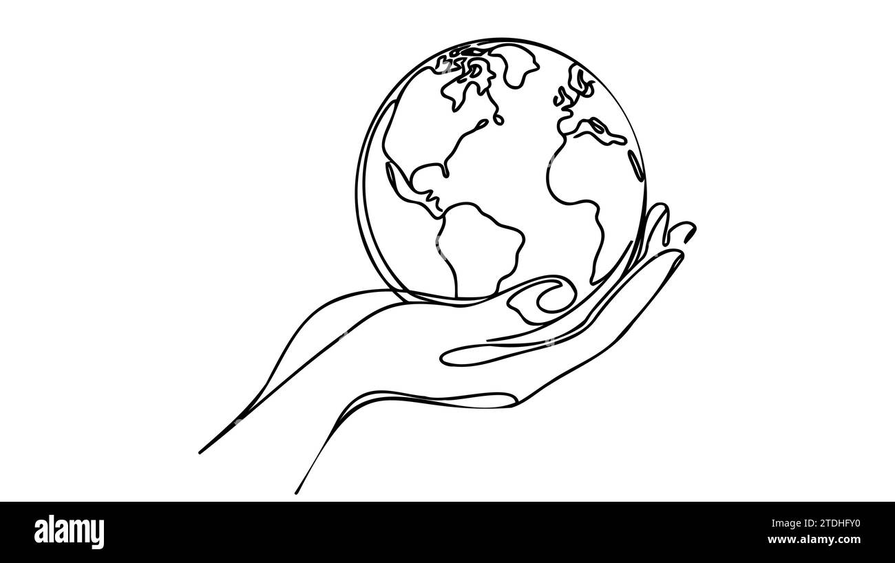 Single one line drawing of hands hold round earth. Globe icon ...