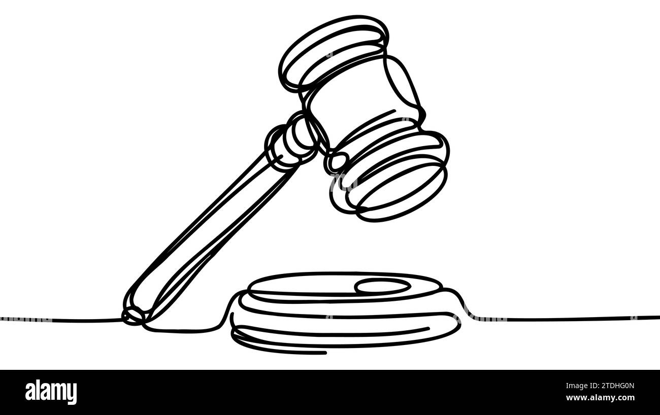 Judge's gavel continuous one line drawing minimalism design isolated on ...