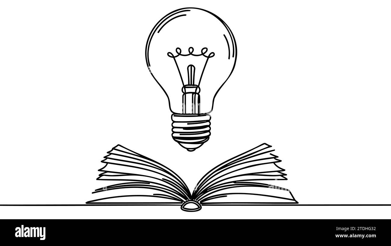 One single line drawing of shining light bulb above open text book logo identity. Continuous ...