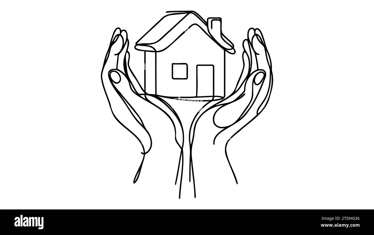 Continuous one line drawing of a hands holding a miniature house. Hand ...