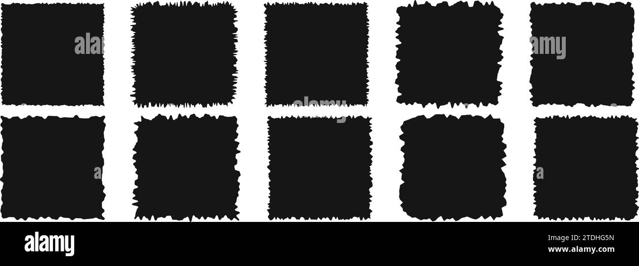Set of black square shapes with torn edges isolated on white background ...