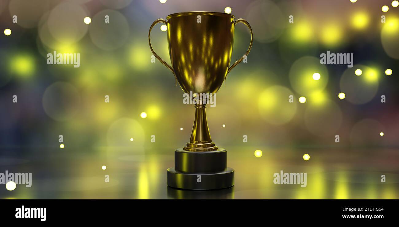 Bronze steel trophy cup with dual handle on bokeh light background. A ...