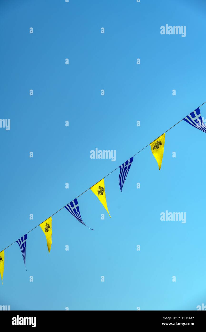 Greek flags and Meganisi flags flying on a string of bunting Stock ...