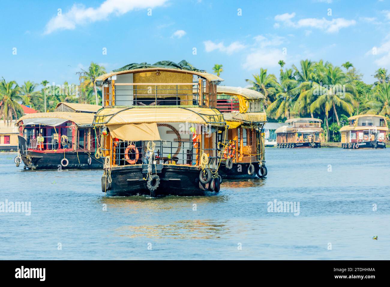 Indian traditional houseboats floating on Pamba river, with palms at ...