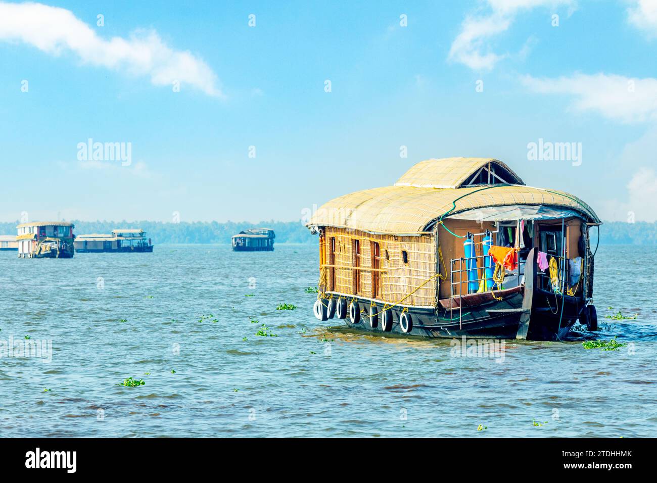 Indian traditional floating houseboats homes on Pamba river backwaters ...
