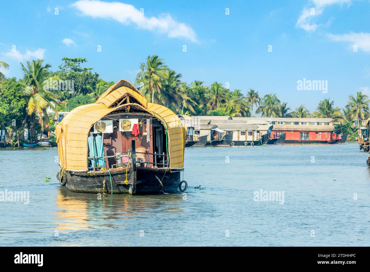 Indian traditional living houseboats floating on Pamba river, with ...