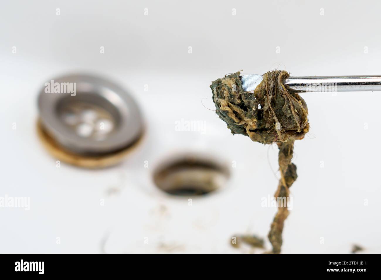 Pulled hair and dirt from a drain hole close up. Cleaning the bathroom clogged sink. Household ...
