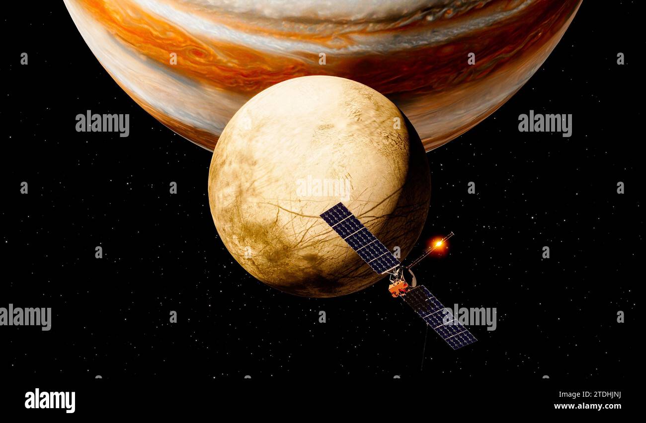 Clipper spacecraft on a flyby over Europa’s surface with Jupiter rising ... Clipper spacecraft on a flyby over Europa’s surface with Jupiter rising ...