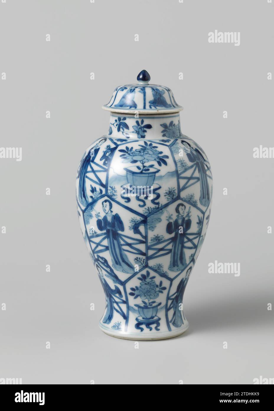 Covered jar with women and flower pots in panels, anonymous, c. 1680 ...