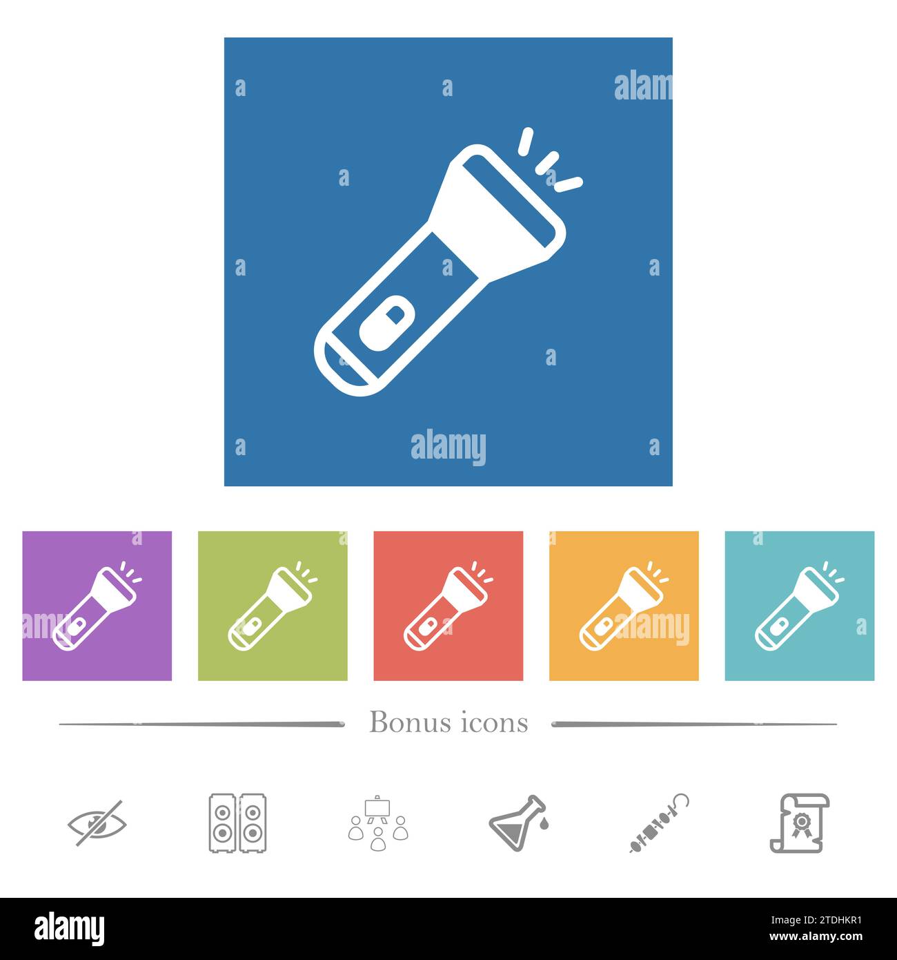 Flashlight flat white icons in square backgrounds. 6 bonus icons ...