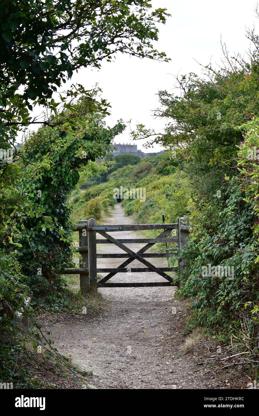 A wooden gate on a walking trail in the White Cliffs of Dover National ...