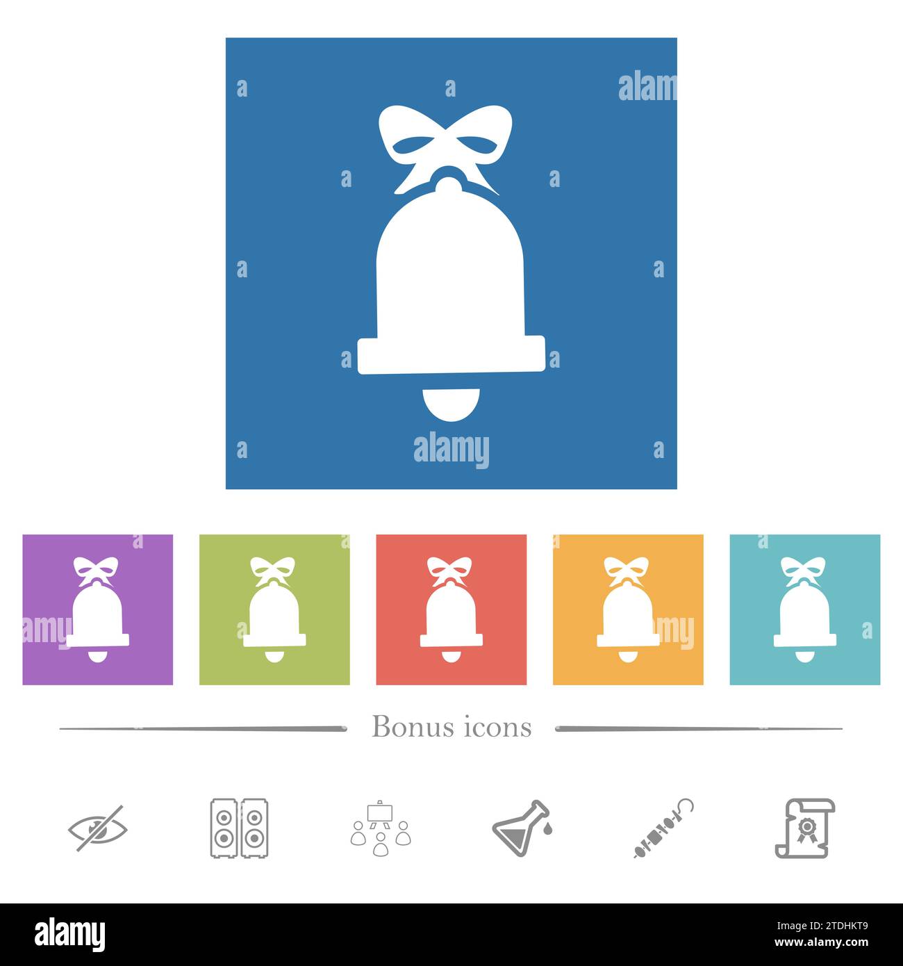 Christmas bell flat white icons in square backgrounds. 6 bonus icons ...