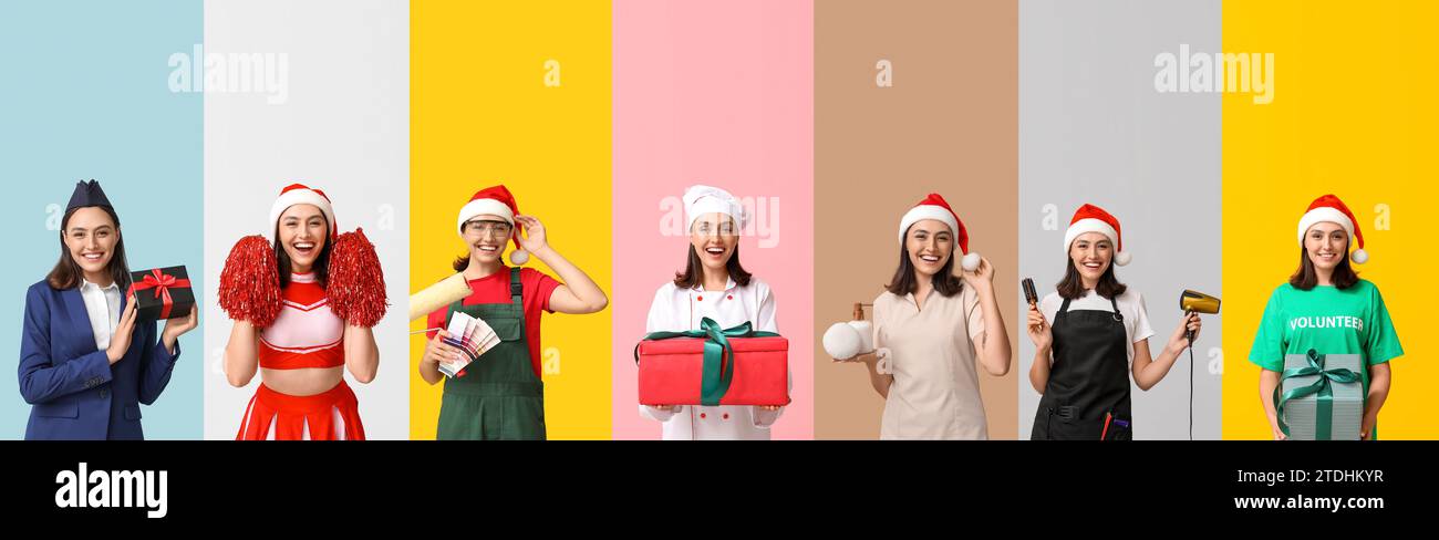 Set of young woman in uniforms of different professions on color ...
