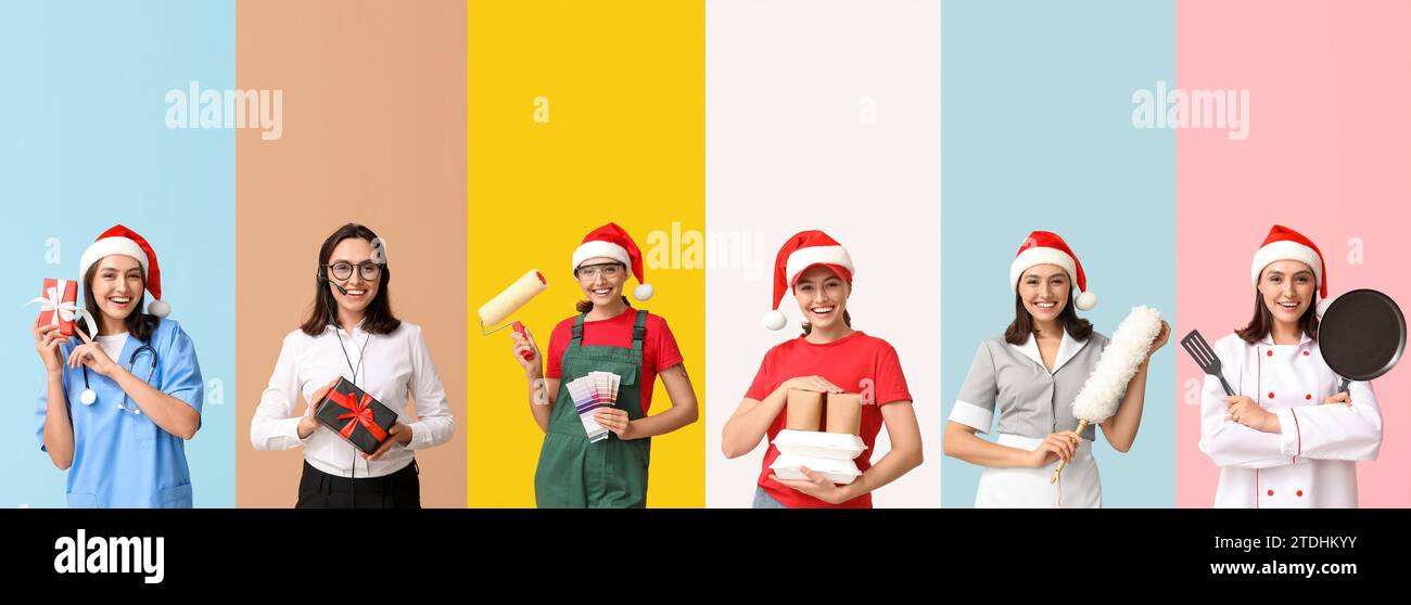 Collection of young woman in uniforms of different professions on color ...