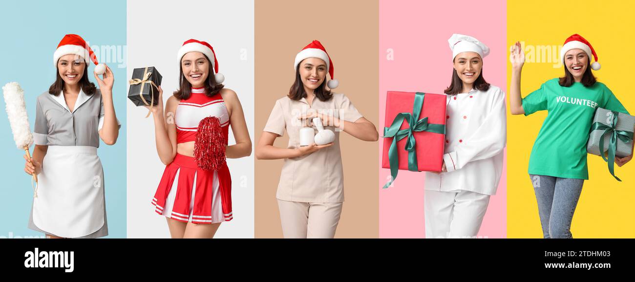 Group of young woman in uniforms of different professions on color ...