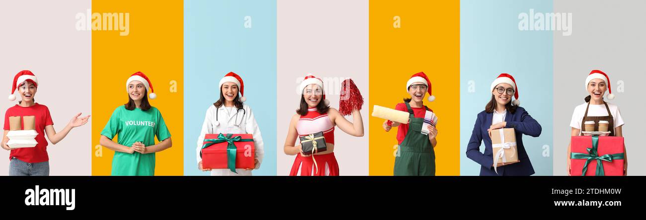 Collage of young woman in uniforms of different professions on color ...