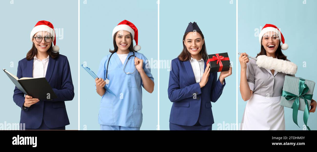 Collage of young woman in uniforms of different professions on light ...