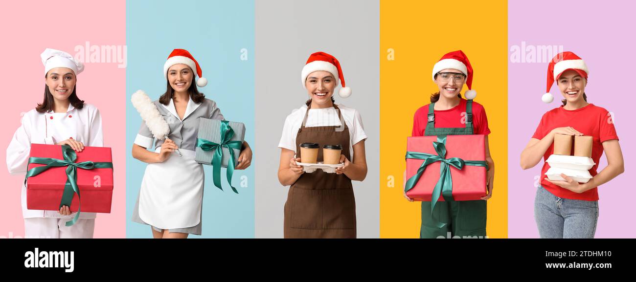 Collage of young woman in uniforms of different professions on color ...