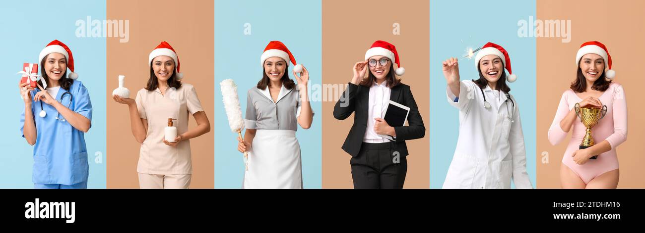 Collage of young woman in uniforms of different professions on blue and ...