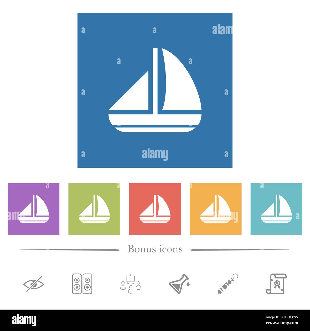 Sailing boat solid flat white icons in square backgrounds. 6 bonus ...