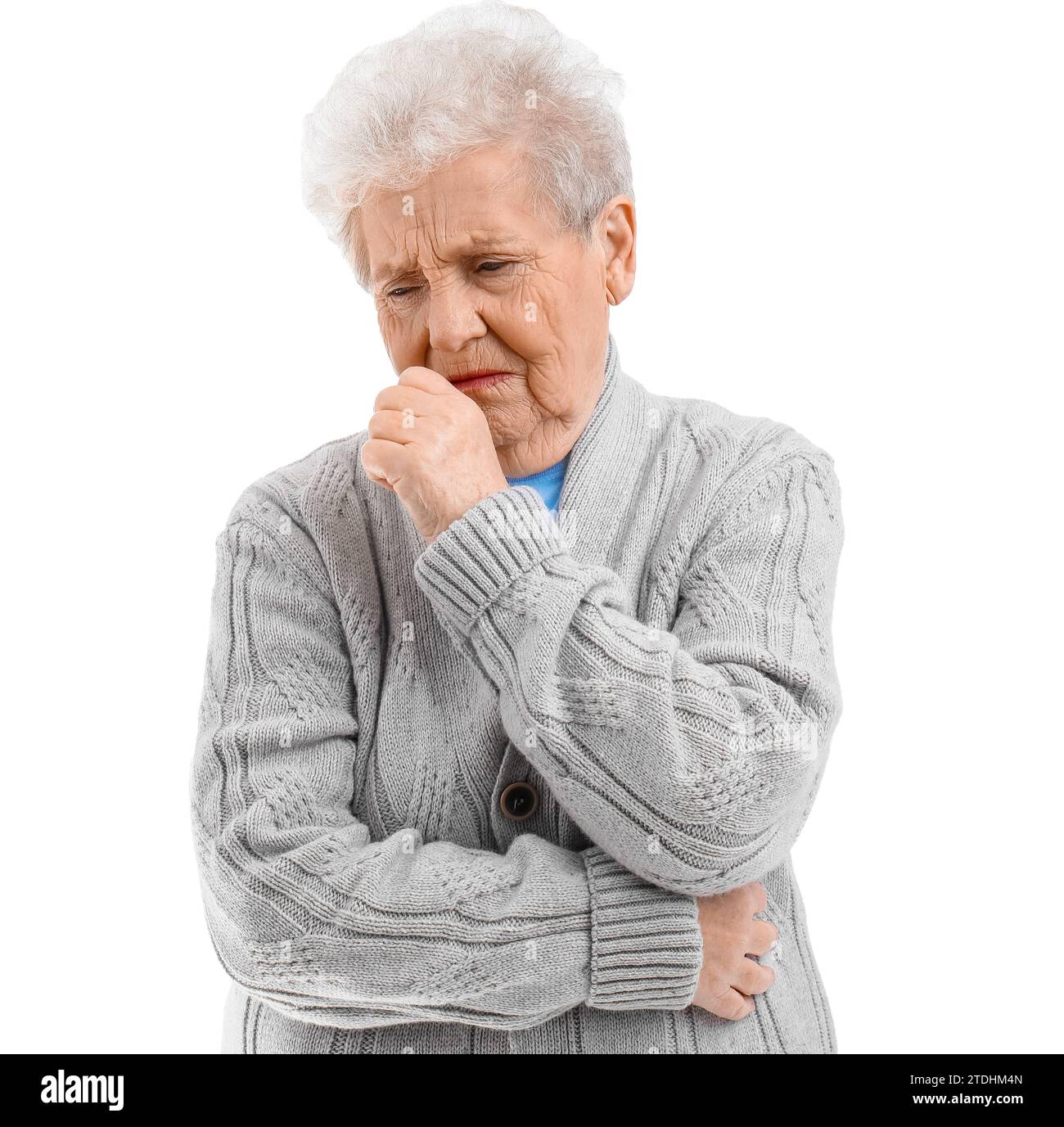 Senior woman coughing on white background Stock Photo - Alamy