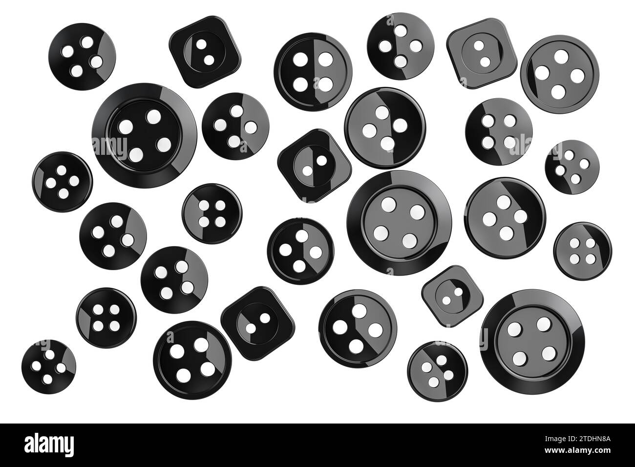 Black sewing buttons clothing top view, different sizes and shapes. 3D rendering isolated on ...