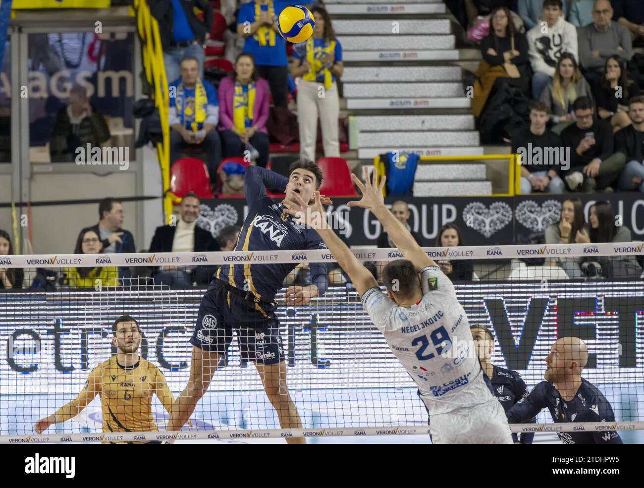 Verona, Italy. 17th Dec, 2023. Aleksandar Nedeljkovic (Cisterna Volley) and Francesco Sani (Rana ...