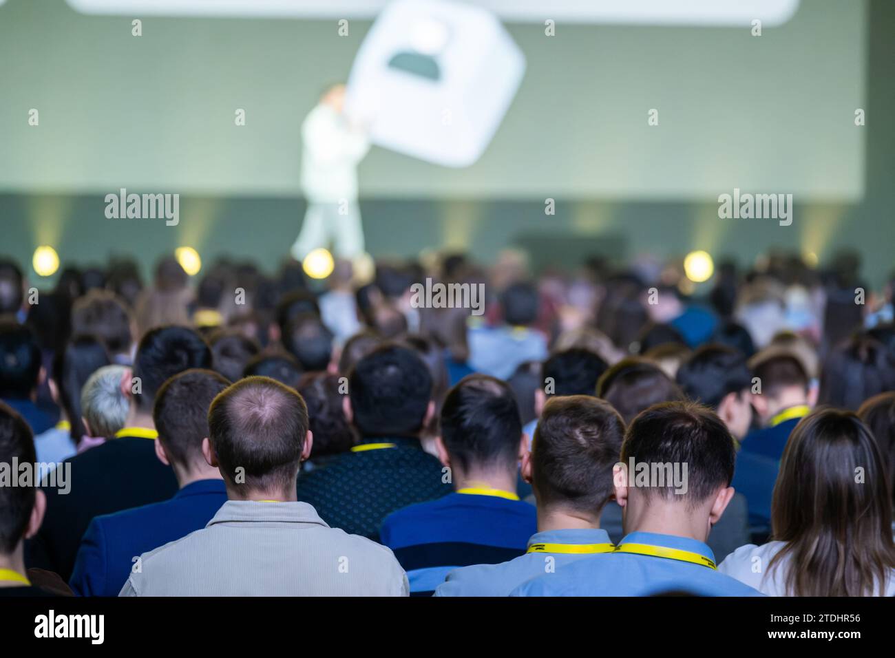Side view of multiethnic business crowd attending global seminar at ...