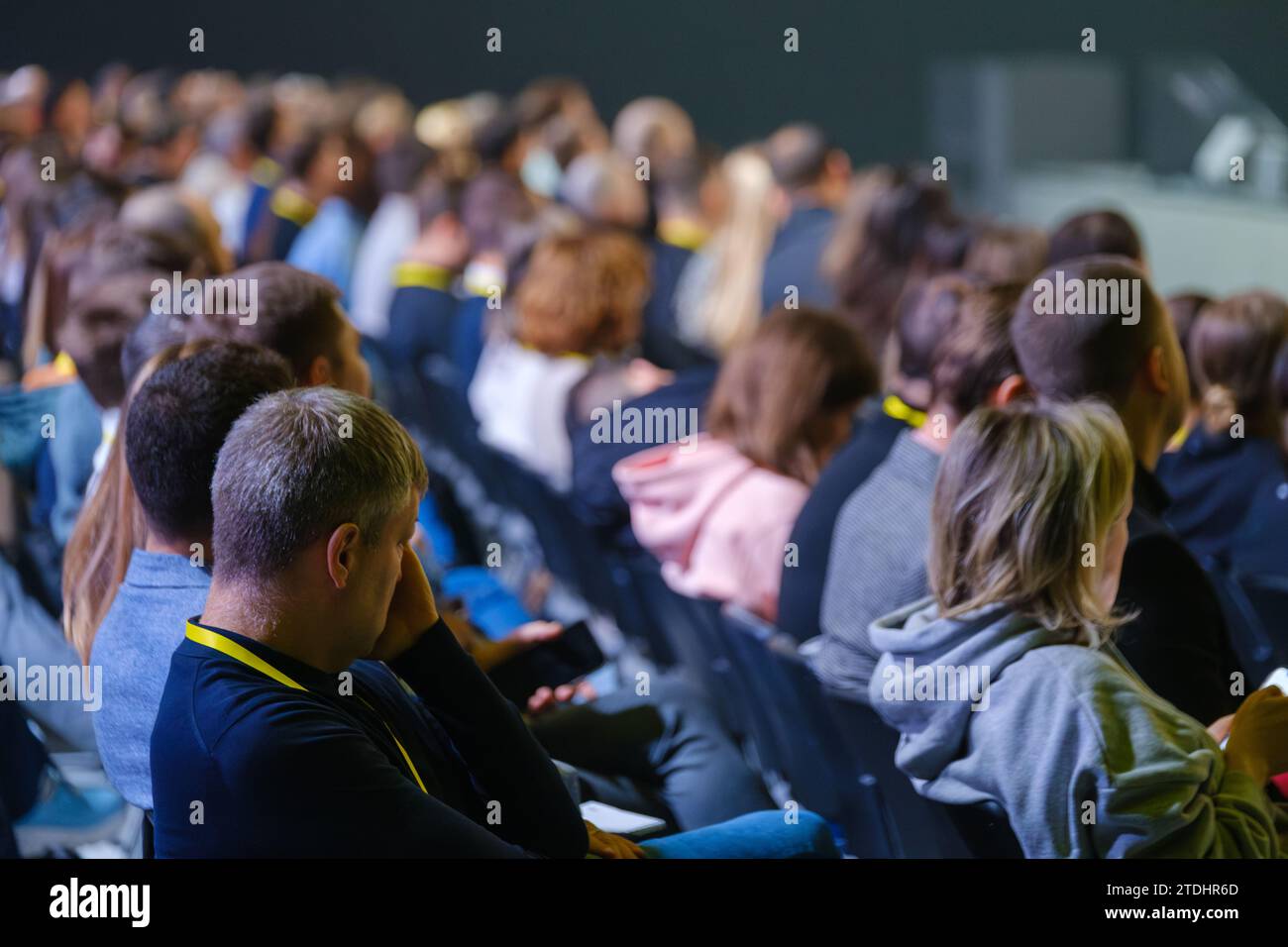 Side view of multiethnic business crowd attending global seminar at ...