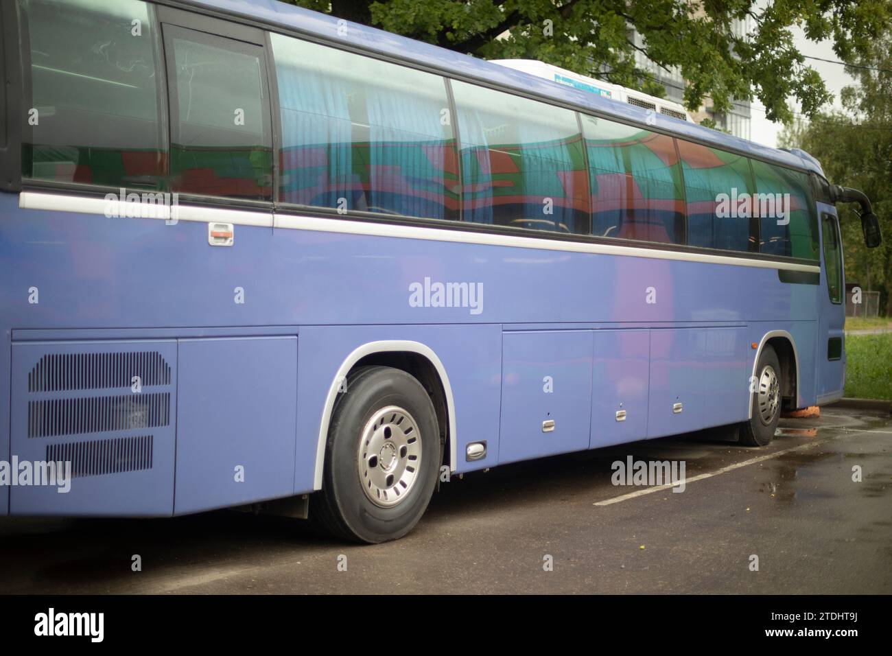 Blue bus in parking lot. Regular bus in fleet. Public transport. Big ...