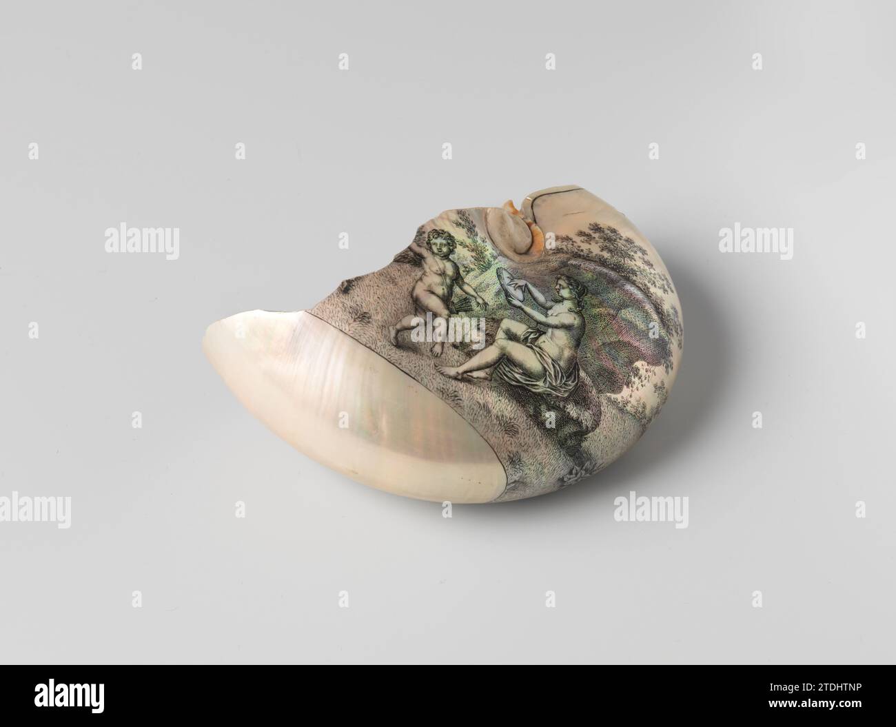 Nautilus shell, engraved with a dancing Bacchus -child and with Nymph and Amor, Cornelis ...