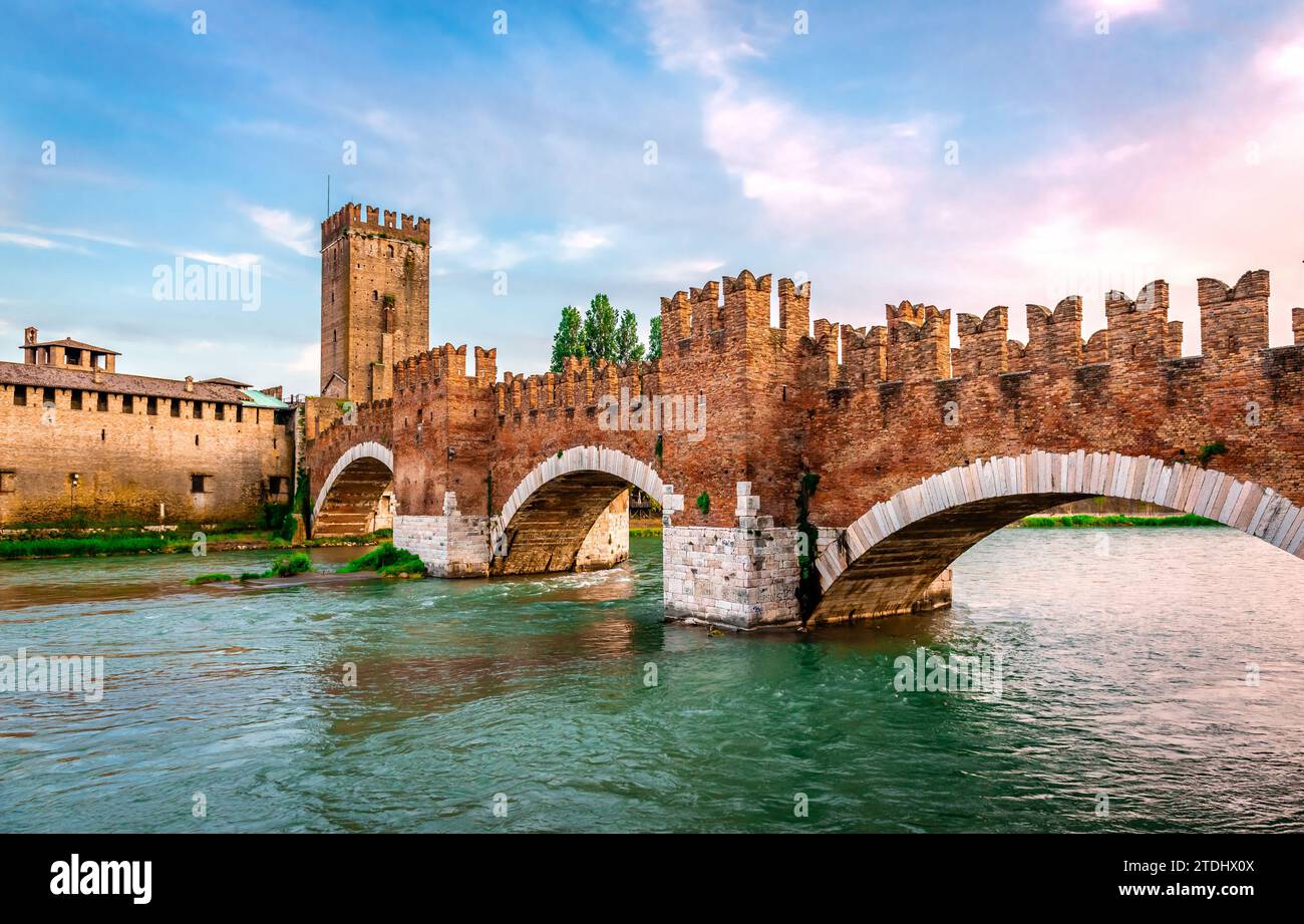 The Castelvecchio Bridge (aka Scaliger Bridge), a medieval fortified ...