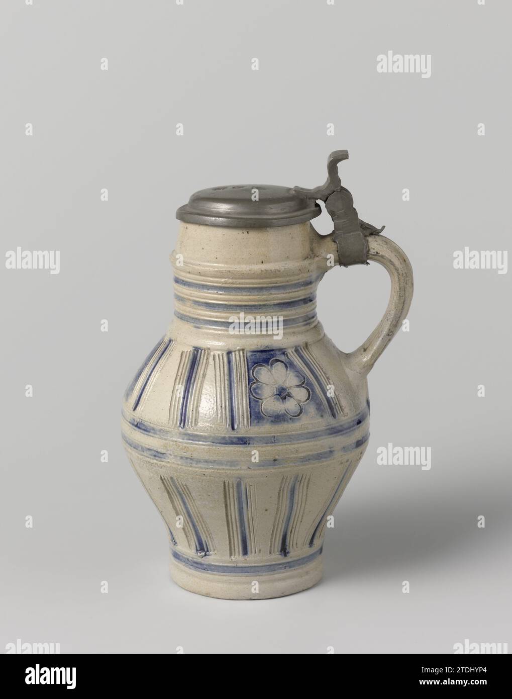 Jug with insiced borders and flower roundels, anonymous, c. 1630 - c. 1720 Jug of stoneware on ...