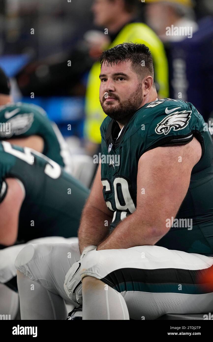 Philadelphia Eagles guard Landon Dickerson sits on the bench during an ...