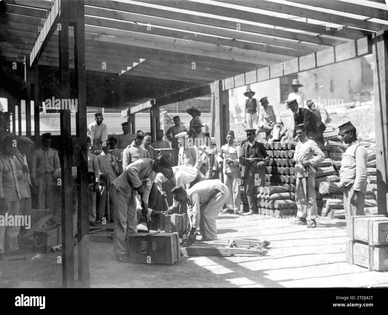 08/31/1909. Artillery Projectile loading workshop. Warehouse shed where ...