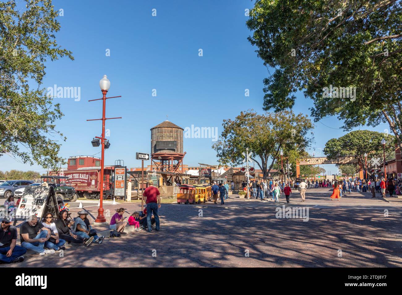 Fort Worth, Texas - November 4, 2023: people visit the stockyards train ...