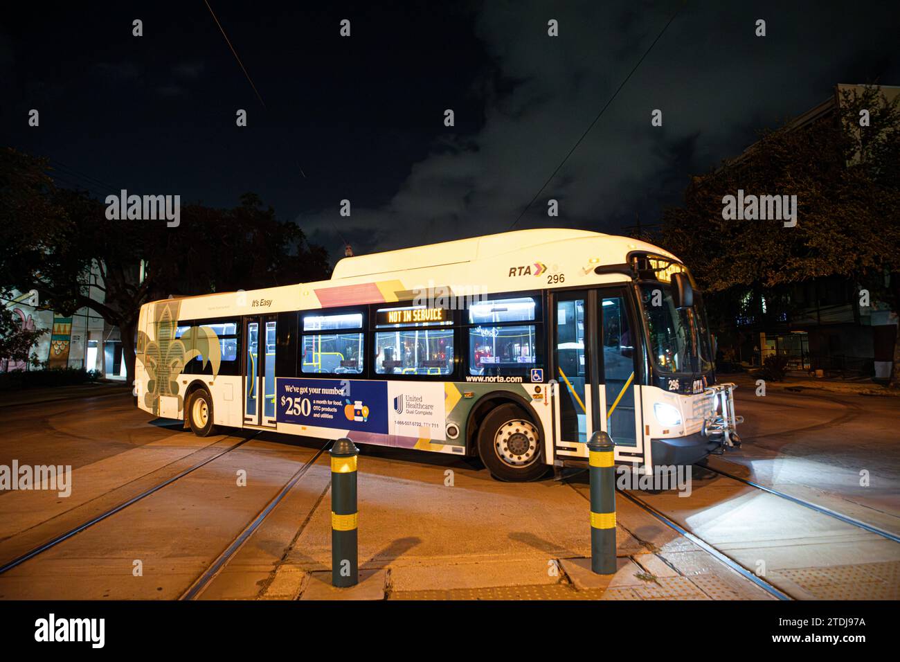 New Orlewans, USA - October 25, 2023: the night bus operates at canal ...