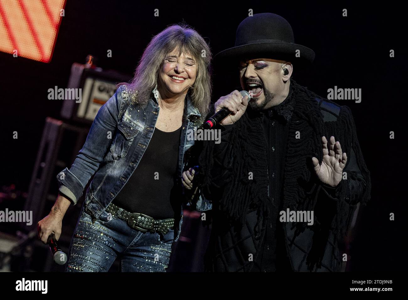 LONDON, ENGLAND: Suzi Quatro performs on stage at the London Palladium ...