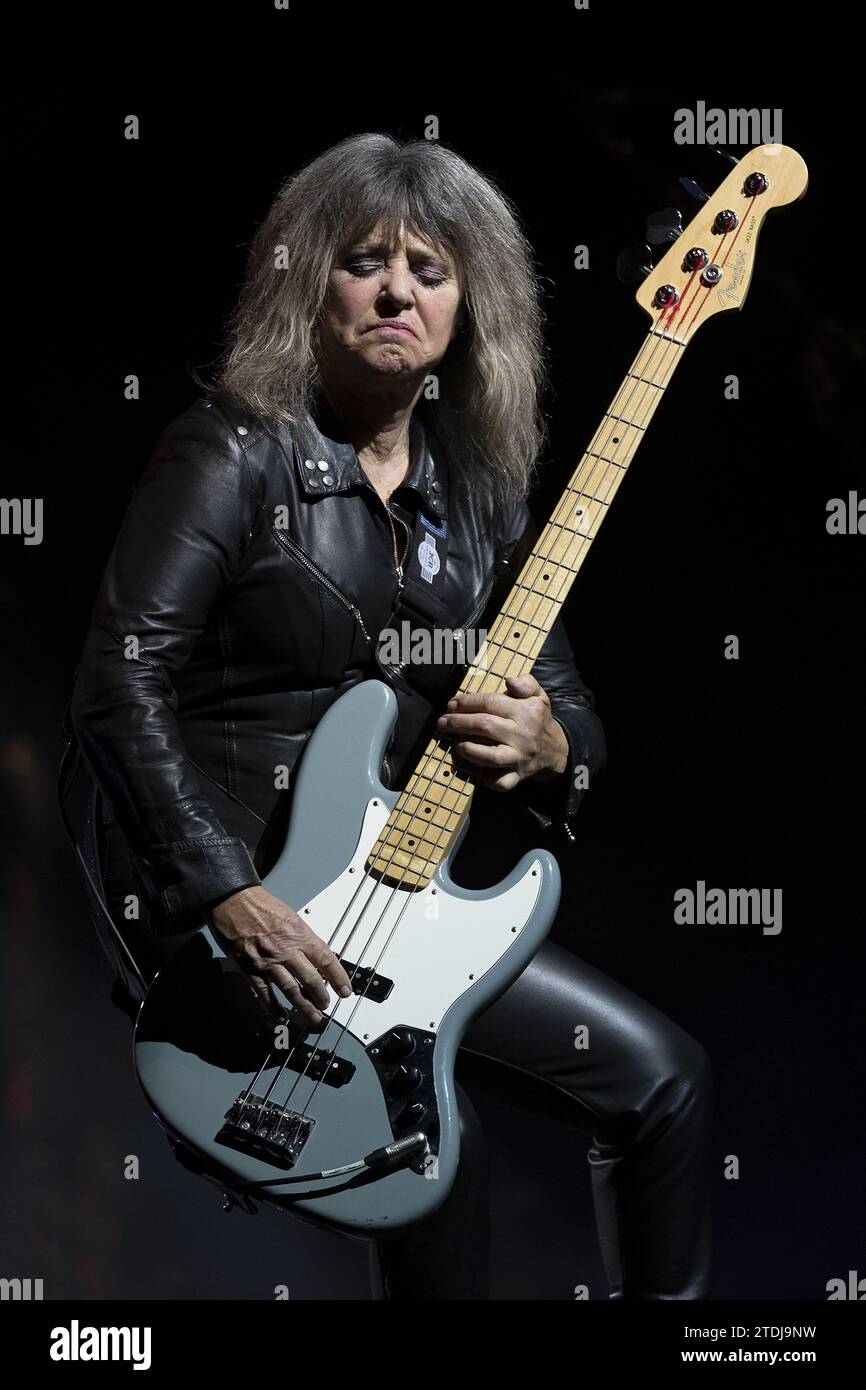 LONDON, ENGLAND: Suzi Quatro performs on stage at the London Palladium ...