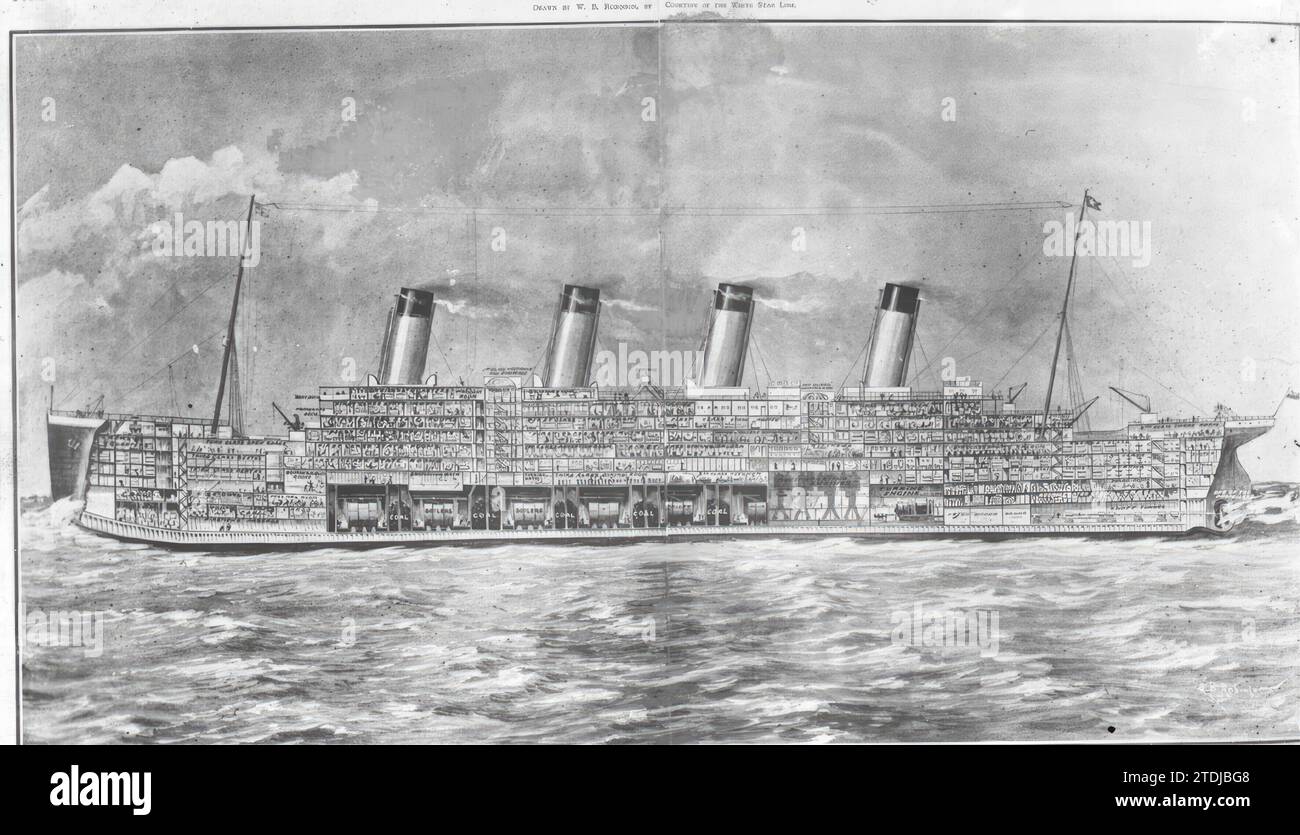 03/31/1912. Drawing of the luxurious and "unsinkable" transatlantic ...