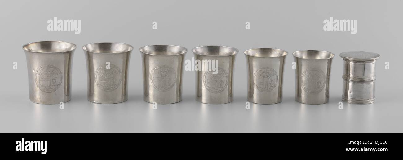 Set of six matching cups, a salt barrel and a spice vessel, anonymous ...