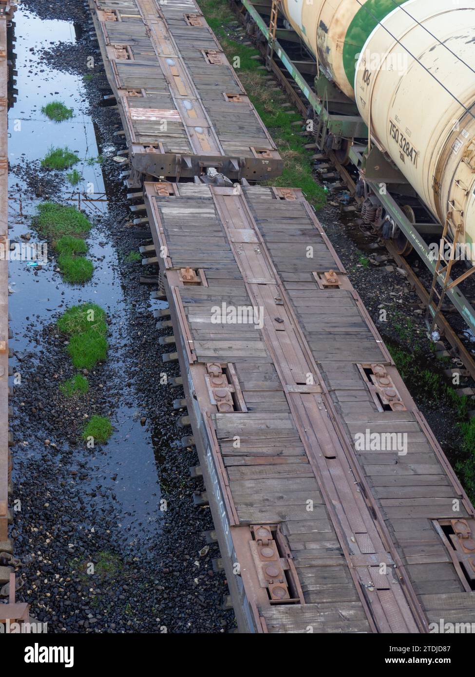 Empty freight train cars. Cars without a roof. Freight transportation ...