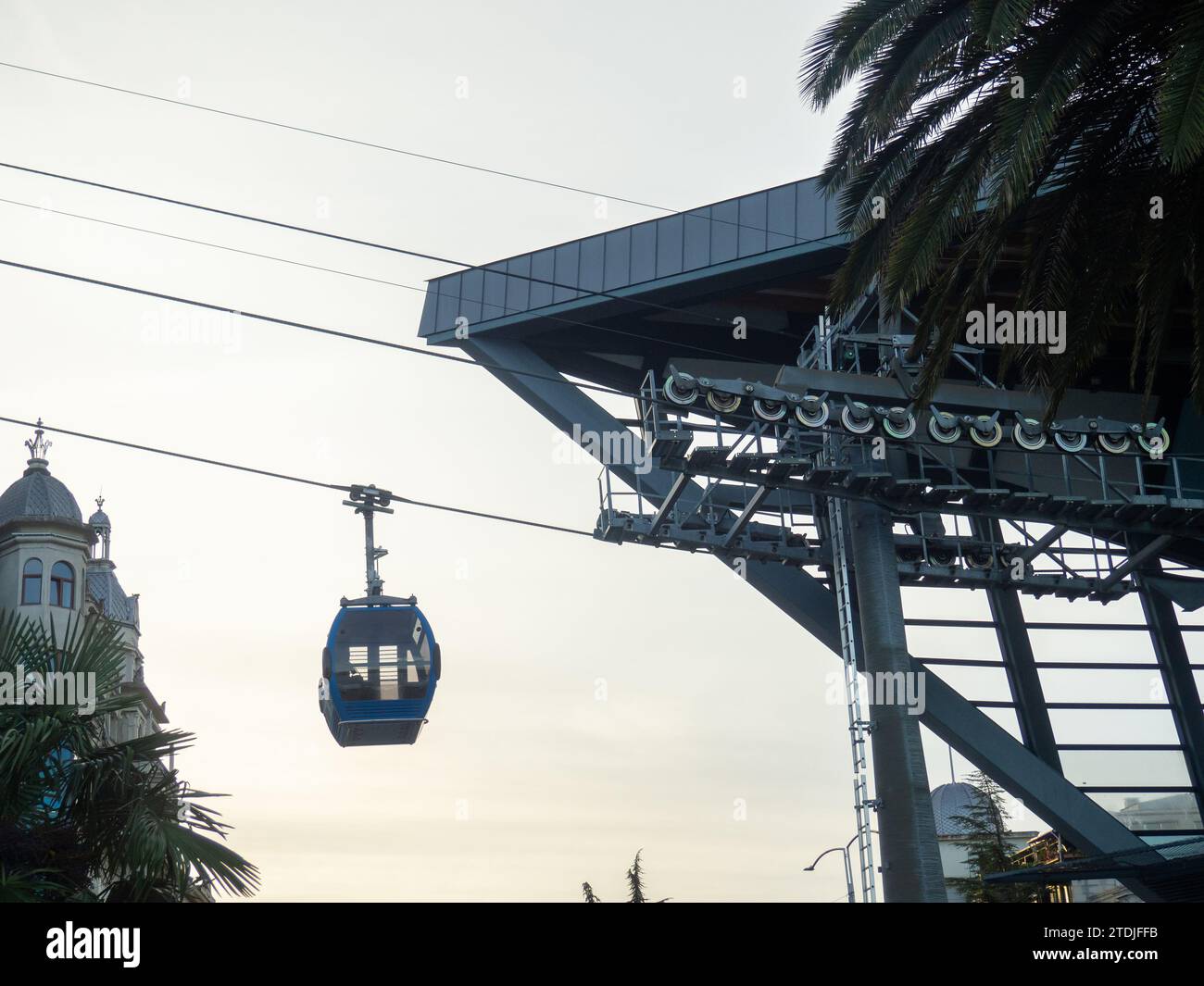 Lift to the mountain. Cable car mechanism. Cable car cabin. A place ...