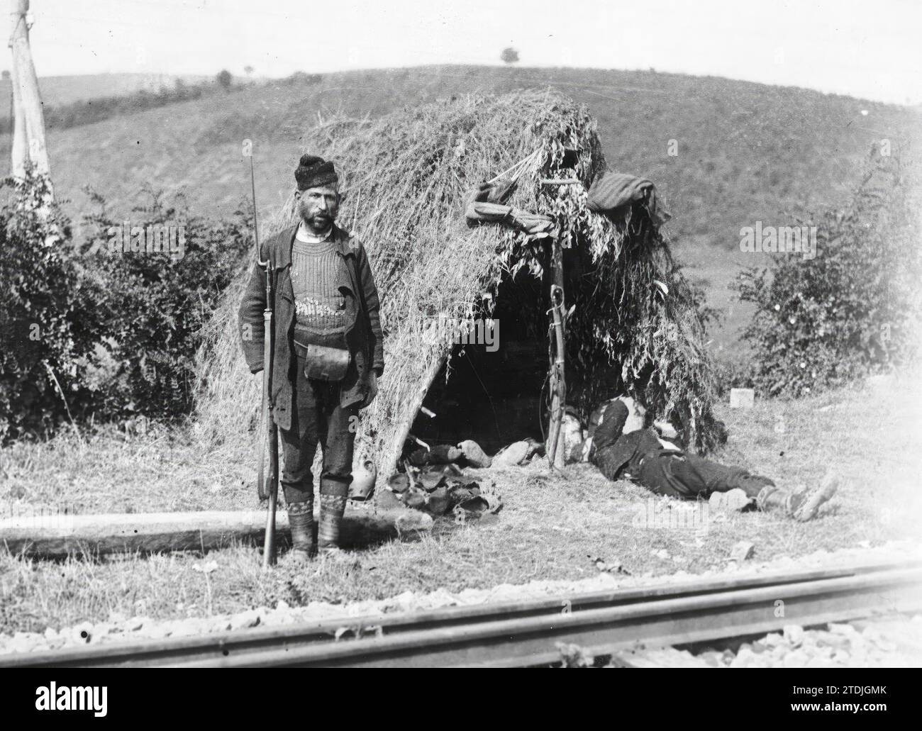 10/31/1914. In Eastern Europe. Serbian sentinel guarding the railway ...