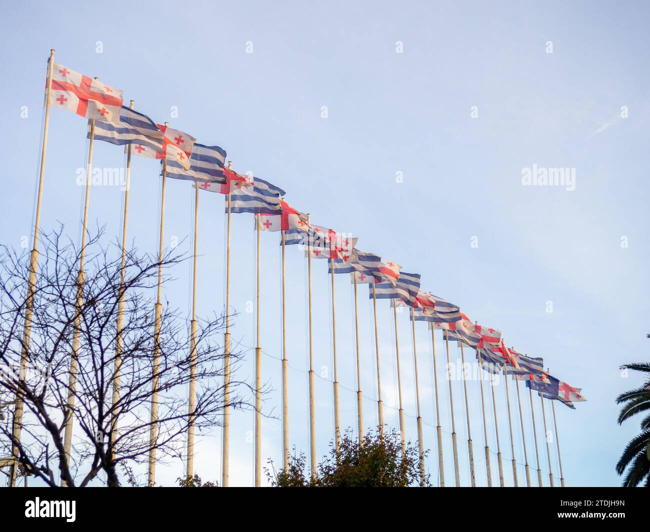 Many flags on flagpoles. Flags in the wind. State symbols. Flag of ...