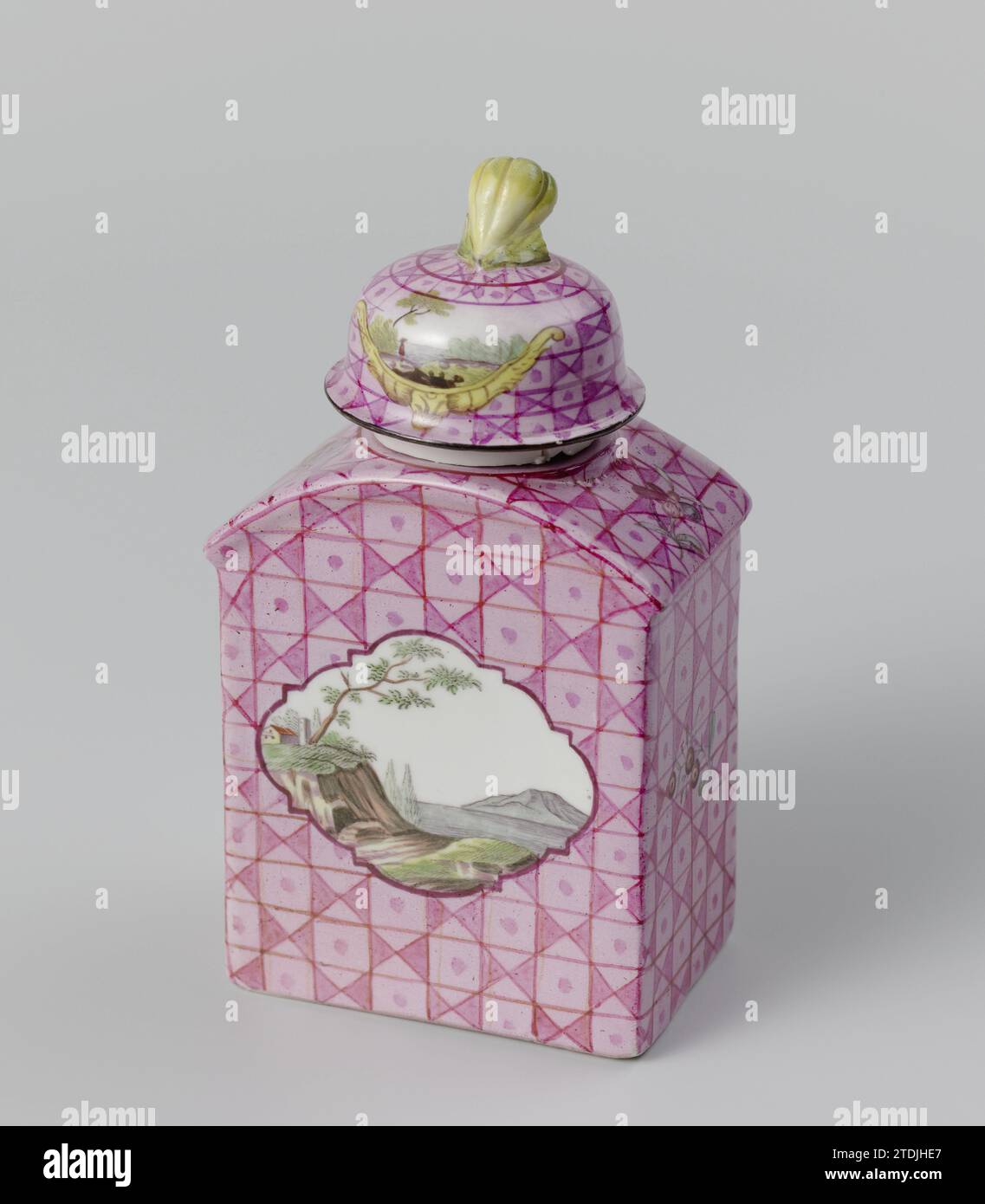 Tea with a multi -colored landscape in a medallion saved in a geometric ...